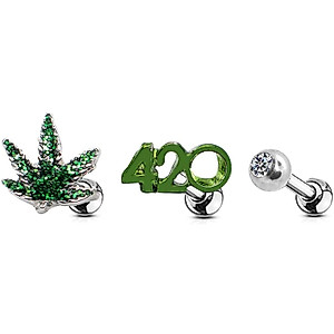 Pierce2GO Stud Earrings Stainless Steel Ear Studs with 4/20 Symbol, Green Pot Leaf – Surgical Steel Earrings Studs for Women and Men – Cartilage Stud Earrings Set of 3
