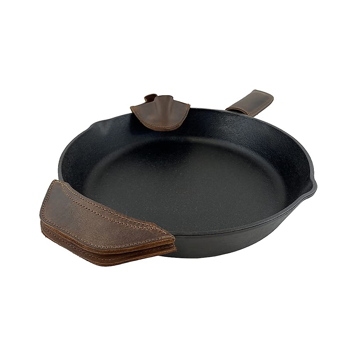 Hide & Drink, Rustic Leather Hot Handle Holders (Set of 3) Panhandle, Side Kick, Assist Grip for Cast Iron Skillets & Pans, Double Layered, Handmade Includes 101 Year Warranty :: Bourbon Brown
