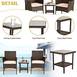 PIKAQTOP 3 Piece Small Patio Furniture Set, PE Rattan Wicker Space Saving Conversation Set with Cushions & Glass Coffee Table, Outdoor Furniture Sets for Deck Front Porch Lawn Garden Balcony Backyard