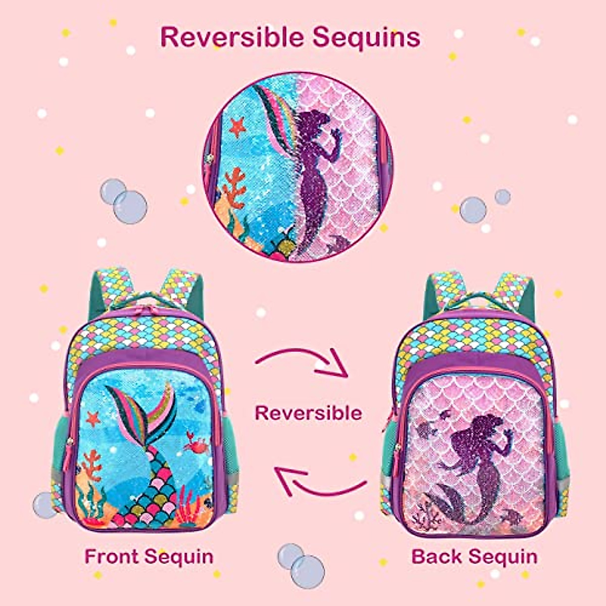 HAPPYSUNNY Mermaid Backpack for Girls Age 6-8 with Reversible Sequins 16 Inch School Bookbags for Kids Children 5-10 Years Old Preschool Elementary Kindergarten with Chest Strap