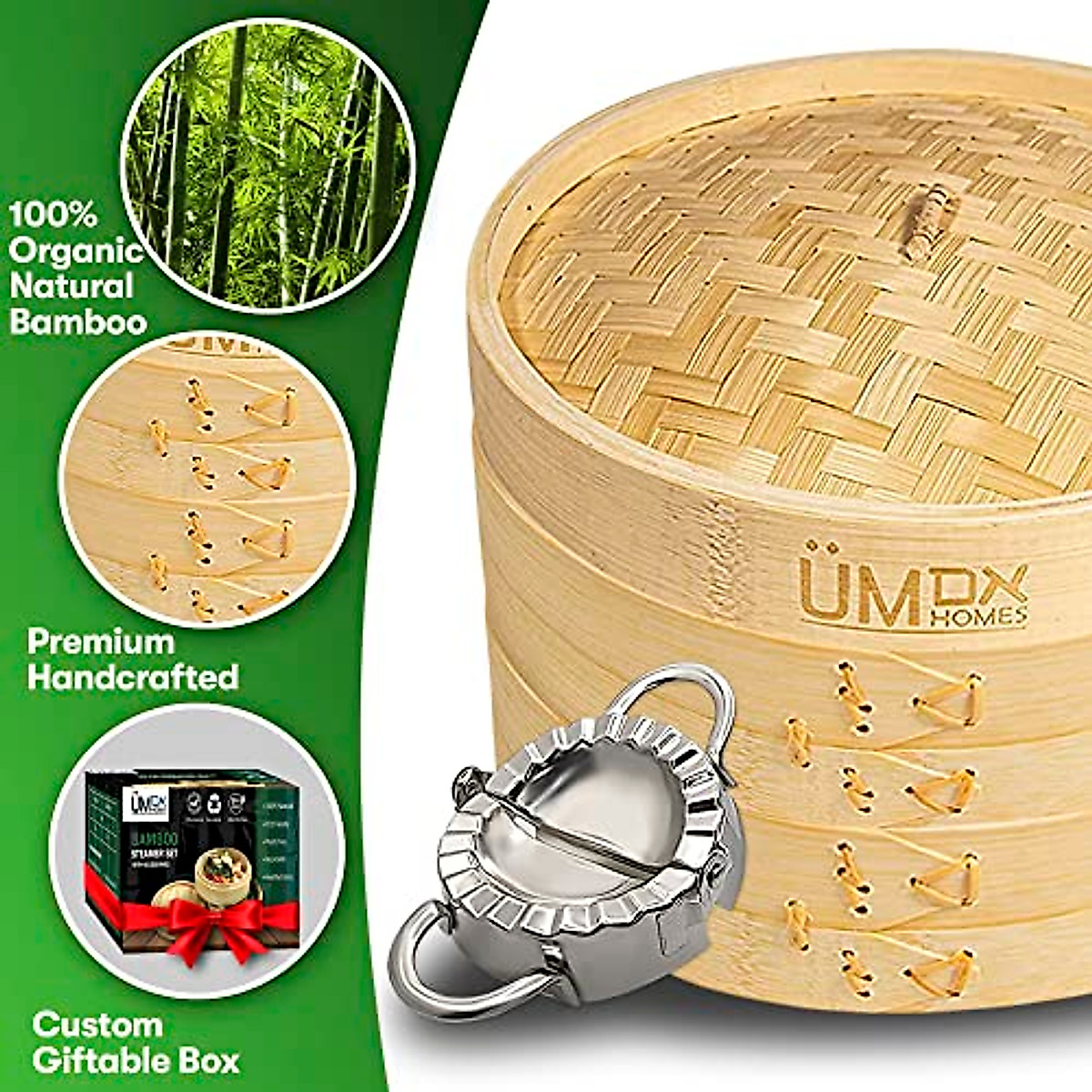 ÜM Homes 10 Inch Bamboo Steamer Basket, 2 Tier Basket Cooking Dumplings, Vegetable, Steamer Dim Sum, 2 Pairs of Chopsticks, 2 Sauce Trays, 2 Reusable Silicone Liners, 1 Steaming Ring, 1 Dumpling Maker