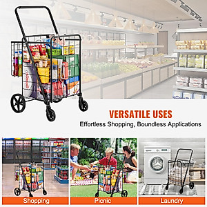 VEVOR Folding Shopping Cart, Jumbo Grocery Cart with Double Baskets, 360° Swivel Wheels, Heavy Duty Utility Cart, 110 LBS Large Capacity Utility Cart for Laundry, Shopping, Grocery, Luggage, Black