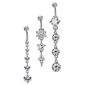 JOERICA 3Pcs 14G 316L Stainless Steel Belly Button Rings for Women Flower CZ Dangle Belly Button Rings Navel Piercing Jewelry