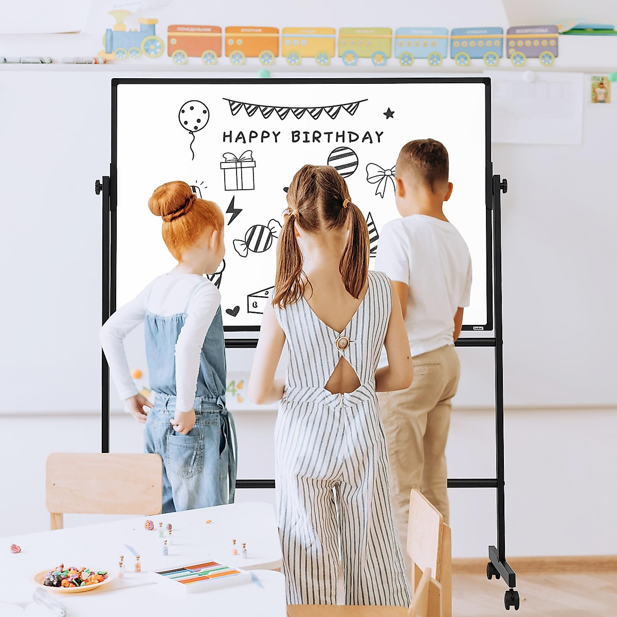 Dry Erase Board White Board - TANKEE 48 x 32 Inches Height Adjustable Rolling Mobile Whiteboard on Wheels, Large Double-Sided Reversible Magnetic White Board with Stand, for Office Classroom Home