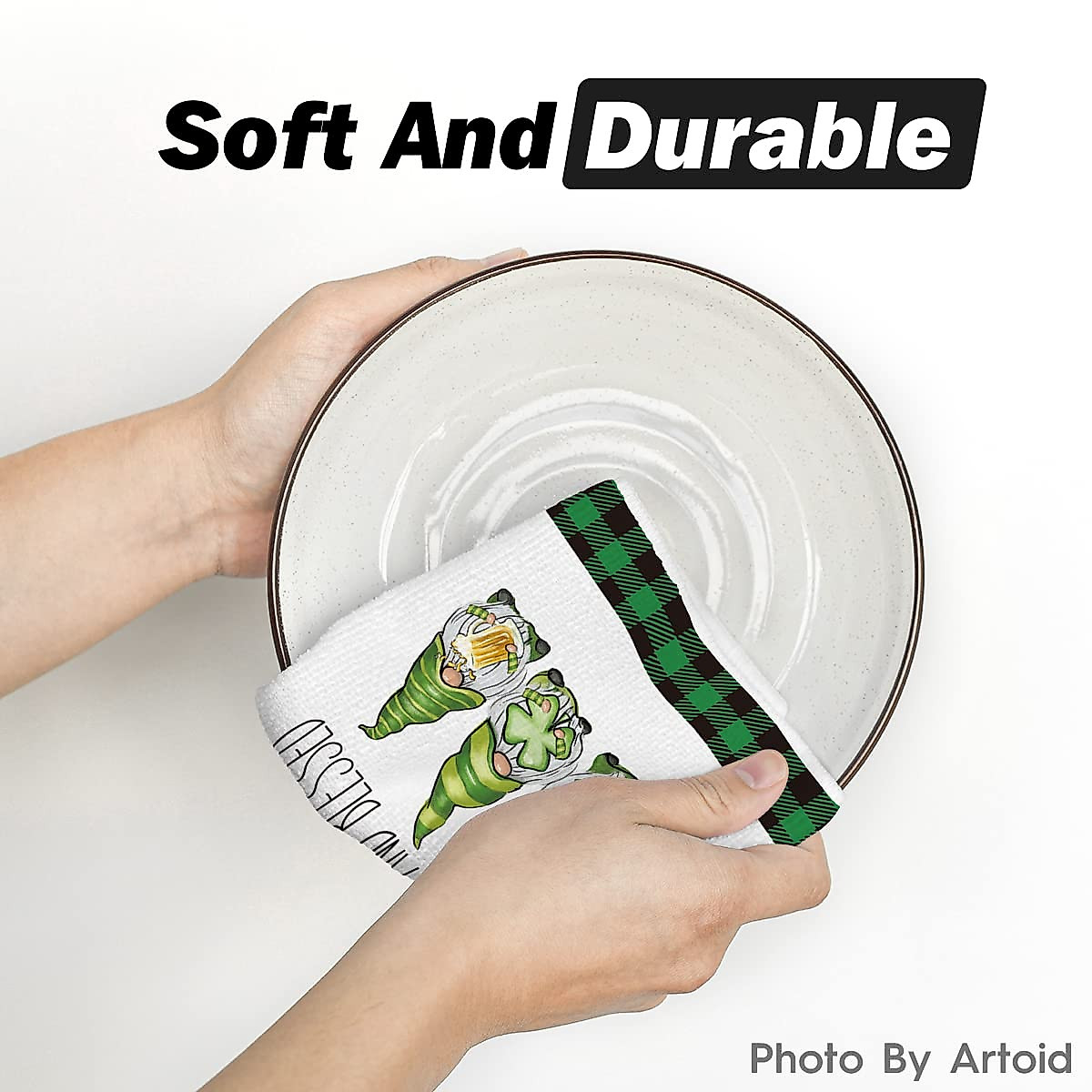 Artoid Mode Buffalo Plaid Lucky Clover Shamrock Truck Gnomes Kitchen Dish Towels, 18 x 26 Inch Seasonal St. Patrick's Day Ultra Absorbent Drying Cloth Tea Towels for Cooking Baking Set of 2