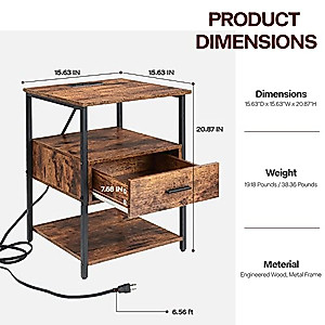Anrigeail Nightstand Set of 2 with Charging Station, Bedside Tables with Storage Shelf & Drawer, End Table with 2 USB Ports and 2 Outlets, Night Stand for Bedroom, Living Room, Brown