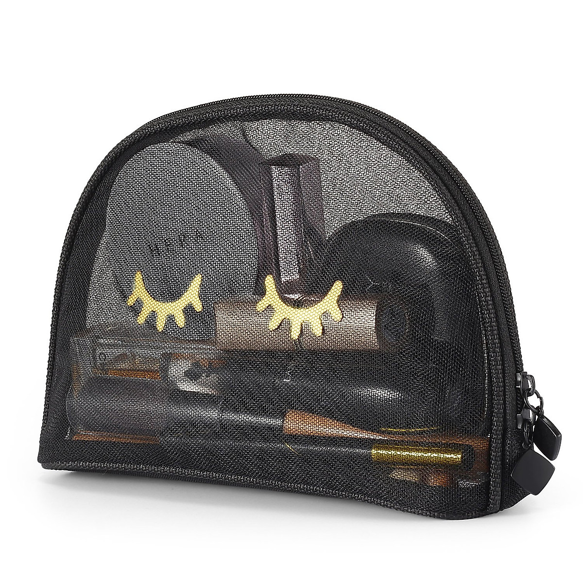 Cosmetics Bag, See Through Makeup Bag/Organizer, Stylish Eyelashes, 9x6 pouch, Mesh Travel Accessories Organizer by Charmonic (Black)