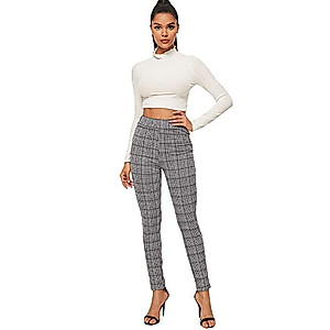 SweatyRocks Women's Casual Skinny Leggings Stretchy High Waisted Work Pants Black White Plaid Medium