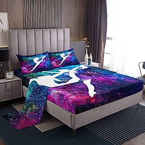 Erosebridal Gymnastic Bed Sheet 3 Pieces, Gymnast Lovers Sheet Set Galaxy Starry Sky Fitted Sheet Funny Dancer Silhouette Top Sheet + 1 Pillow Case Gymnast Gifts for Girls Teens Women, Twin Size
