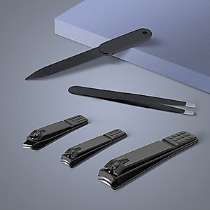 Nail Clippers Set Black Matte Stainless Steel Fingernail & Thick Toenail & Ingrown Nail Clippers & Tweezers & Nail file, Perfect 5 pcs Nail Clippers Cutter for Men and Women(Black)