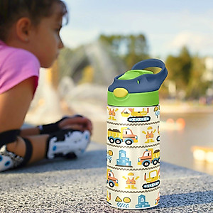 Cartoon Construction Truck Kids Water Bottle, BPA-Free Vacuum Insulated Stainless Steel Water Bottle with Straw Lid Double Walled Leakproof Flask for Girls Boys Toddlers, 12Oz
