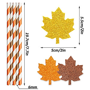 Whaline 60Pcs Thanksgiving Maple Leaf Paper Straws Fall Glitter Leaf 3 Color Disposable Drinking Straws Orange Brown Stripeed Straws with Glue Points for Autumn Thanksgiving Party Supplies