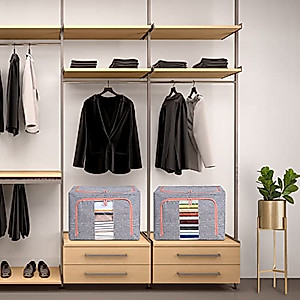 Tasmegol 2 Pack 66L Foldable Clothes Storage Bins Box Stackable Metal Frame Closet Organizer with Clear Windows Carry Handles Linen Fabric Containers Bags for Beddings/Quilt