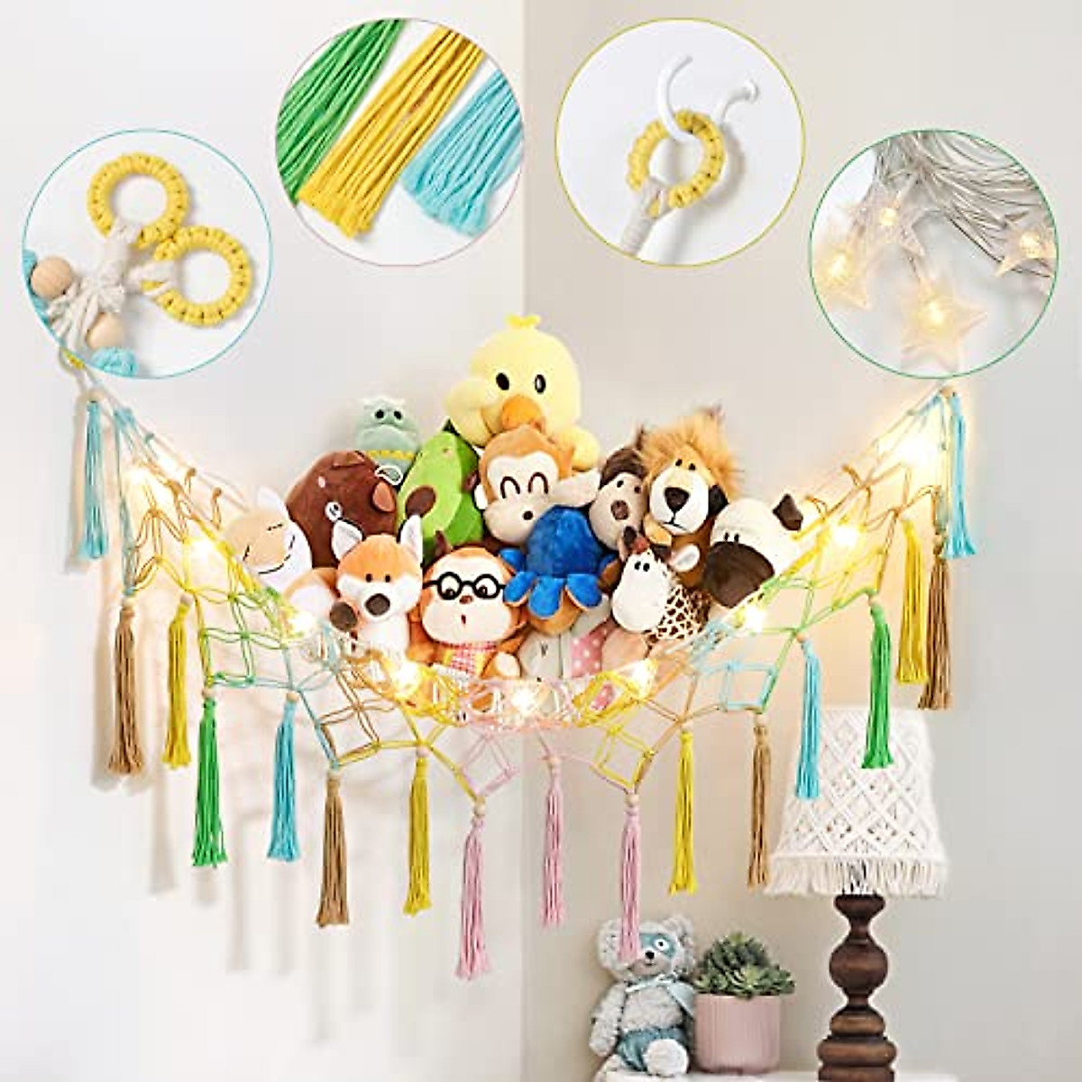 Dremisland Stuffed Animal Toy Hammock with Fairy Lights Macrame Rainbow Toy Net Hammock with Wood Beads Tassels-Stuff Animals Organizer Storage Toy Net Holder for Nursery Play Room, Kids Bedroom