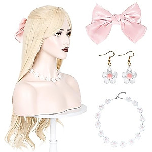 WeKen Women Girls Hair Bow Clip+Pink Ba-bie Flower Necklace Earrings Set Girls Costume Dress Up Accessories for Girls Women 3 Piece (Wig not Included)