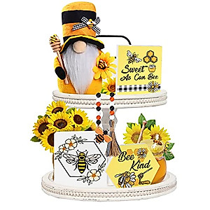 5 pcs Honey Bee Gnome Tiered Tray decor (Tray Not Included) - Bumble Bee Gnome Plush, Bee World Day Wooden Sign, Bee Wooden bead garland ,for Spring and Summer kitchen table decor