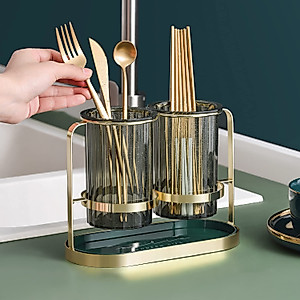 MORNITE Utensil Caddy Flatware Organizers Silverware Holder Spatula Forks Knives Spoons Chopstick Storage for Kitchen Dining Countertop Golden Green