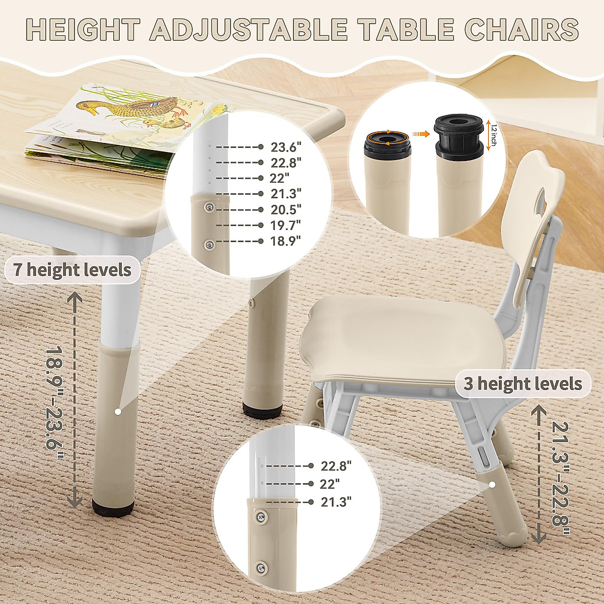 GITAWUSA Kids Study Table and Chairs Set, Height Adjustable Toddler Table and Chair Set for Kids Ages 3-8, 23.6" L x 23.6" W Graffiti Desktop Plastic Children Art Table with 2 Seats, Burlywood