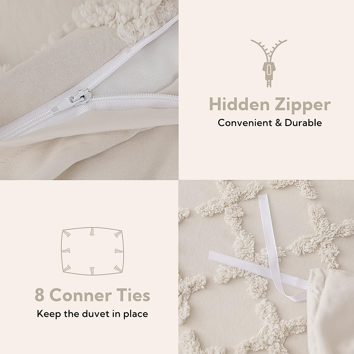 MILDLY Boho Duvet Cover Queen Size, 3 Pieces Shabby Chic Tufted Beige Duvet Cover Sets for Home, Soft Boho Textured Bedding Set for All Seasons