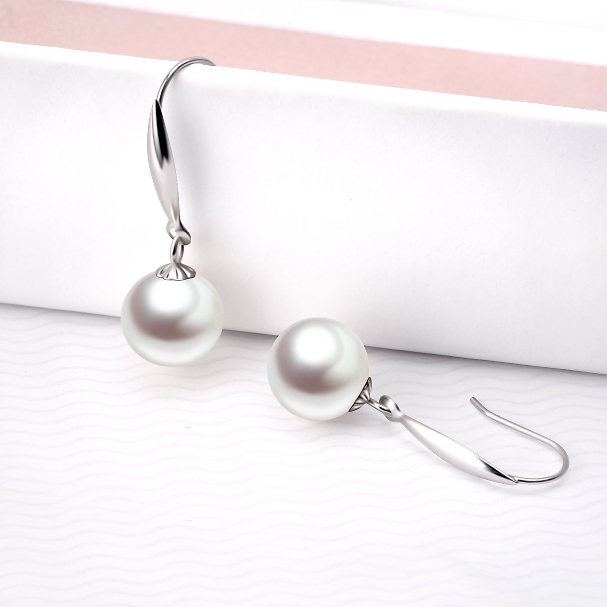 18k White Gold Freshwater Cultured Pearl Dangle Earrings for Women, Fine Jewelry Gifts for Her, 10mm