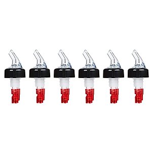 (Pack of 6) Measured Liquor Bottle Pourers, 1 oz, Clear Spout Bottle Pourer with Red Tail and Black Collar, Measured Pour Spouts by Tezzorio
