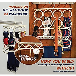 KLEAFS - Handmade Scarf Hangers for Closet with Hook for Bulky Scarf, Space-Saving Scarf Organizer, Scarf Storage Classical Lifestyle, Hijab Hangers (Beige - 8 Rings, 2 Ellipse)