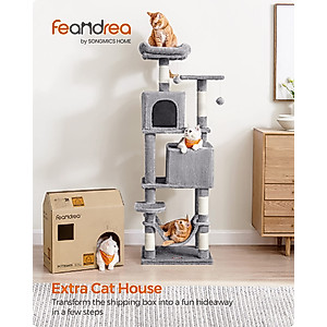 Feandrea Cat Tree, 61-Inch Cat Tower for Indoor Cats, Plush Multi-Level Cat Condo with 5 Scratching Posts, 2 Perches, 2 Caves, Hammock, 2 Pompoms, Light Gray UPCT192W01
