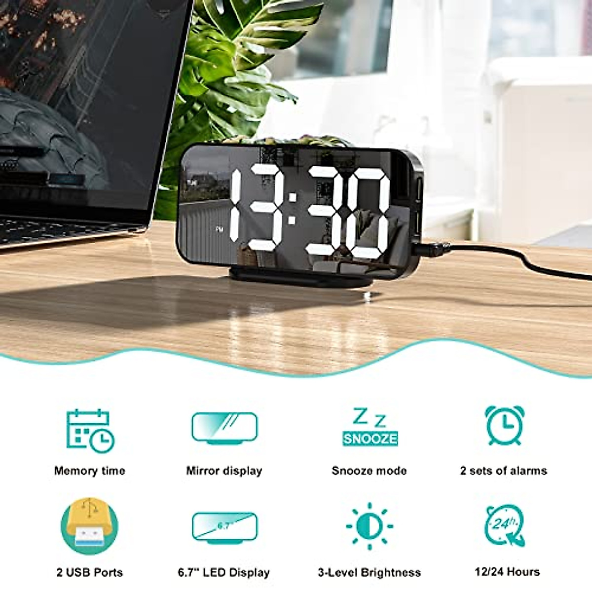 EDUP LOVE Digital Alarm Clocks, LED Mirror Electronic Clock, Snooze Mode, 12/24H, Adjust Brightness, Modern Desk & Wall Clocks for Bedroom Living Room Office - Black