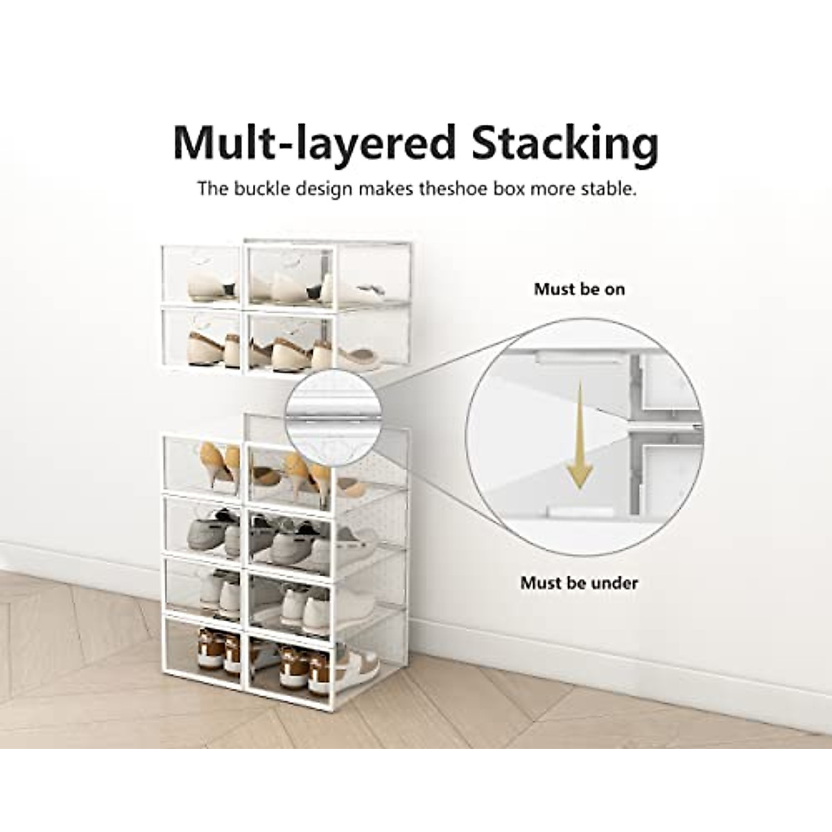 Pinkpum Shoe Ogranizer for Closet, 12 Pack Shoe Storage Boxes Clear Plastic Stackable Shoe Box, Shoe Containers Storage with Lids, Sneaker Container Bin Holder, Clear White