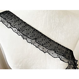 PEPPERLONELY 1 Yard 2-Layer Polka Dot Pleated Tulle Lace Chiffon Fabric Ribbon Fringe Elastic Ruffle Trim Dress Collar Cuffs DIY Sewing Material, 2 Inches Width, Black