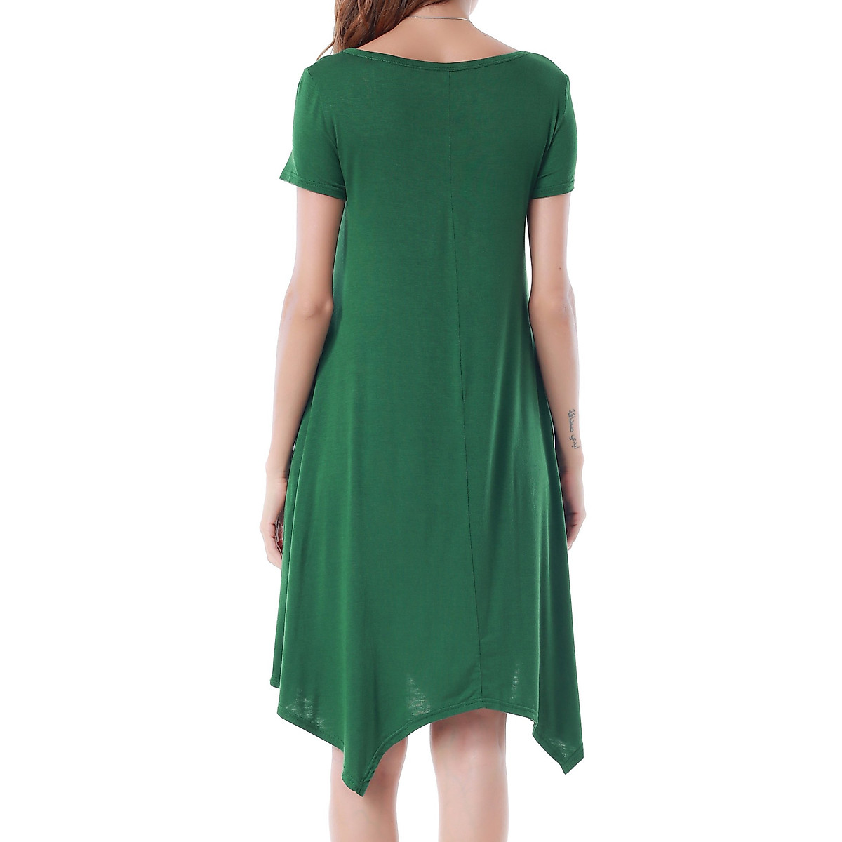 Invug Women Casual Loose Soft Crewneck Short Sleeve Pockets Swing T-Shirt Zigzag Hem Dress Dark Green S