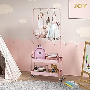 KINGRACK 2-in 1 Garment Rack, Clothing Rack with 2 Tier Metal Basket, Rolling Storage Cart Clothes Organizer Coat Rack Storage Stand on Wheels, for Home Bedroom Laundry Small Place Entryway, Pink
