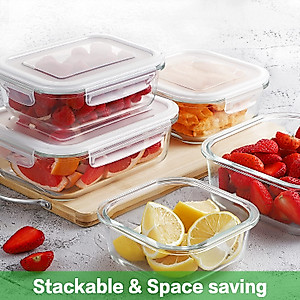HOMBERKING Large Glass Food Storage Containers with Lids, [12 Piece] Glass Meal Prep Containers, Airtight Glass Bento Boxes, BPA Free & Leak Proof (6lids & 6Containers)(Square & Rectangle)- White