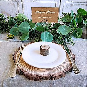 Supla 20 Pcs Rustic Wood Place Card Holders with Swirl Wire Wooden Bark Memo Holder Stand Card Photo Picture Note Clip Holders 5.8" and Kraft Place Cards Bulk for Wedding Party Table Number Name Sign