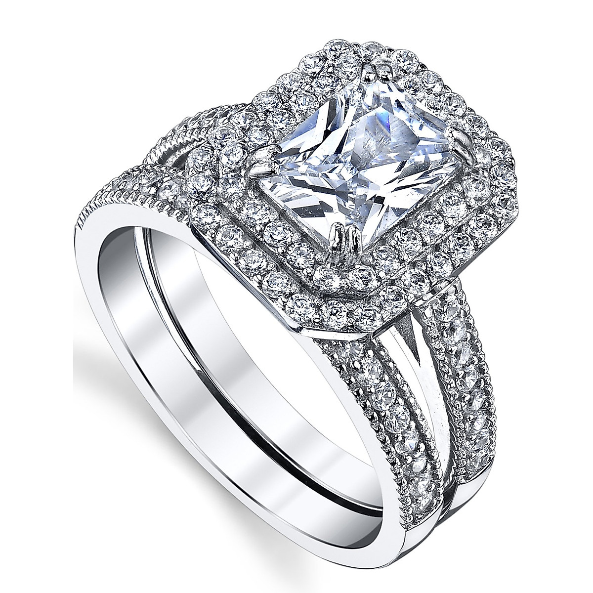 2 Carat Emerald Cut Sterling Silver and Cubic Zirconia Wedding Ring Engagement Band, Bridal Set
