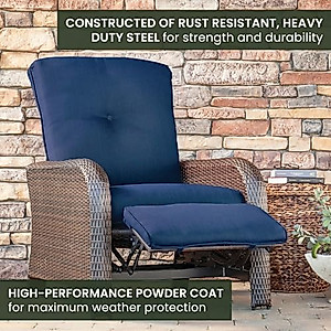 Hanover Strathmere Outdoor Recliner Chair with Thick Foam Weather-Resistant Navy Blue Cushions, Steel Frames, Brown Wicker, Luxury Outdoor Recliner for Patio, Deck, Backyard, or Porch