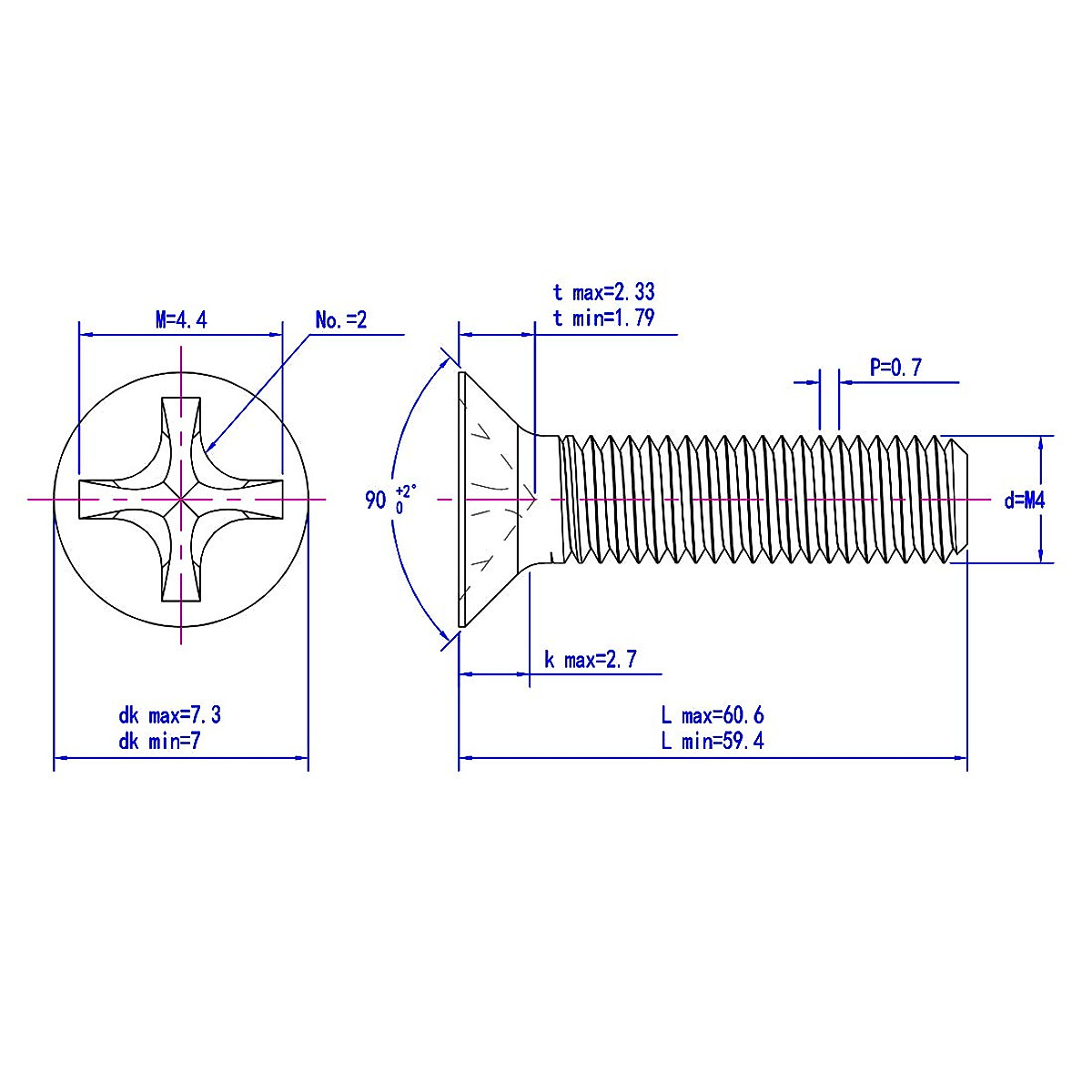 Xiaoyztan M4x60mm Phillips Countersink Head Machine Screws Stainless Steel 304 Full Thread Metric Standard Mounting Hardware Fasterning Accessories, Pack of 50