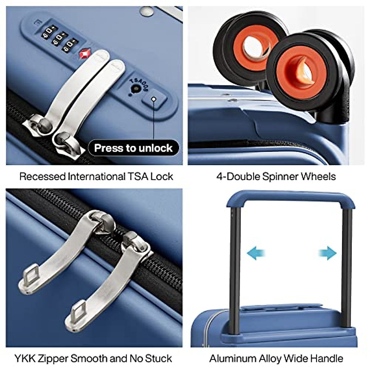 mixi Carry On Luggage Wide Handle Luxury Design Rolling Travel Suitcase PC Hardside with Aluminum Frame Hollow Spinner Wheels, with Cover, 20 inch, Sapphire Blue