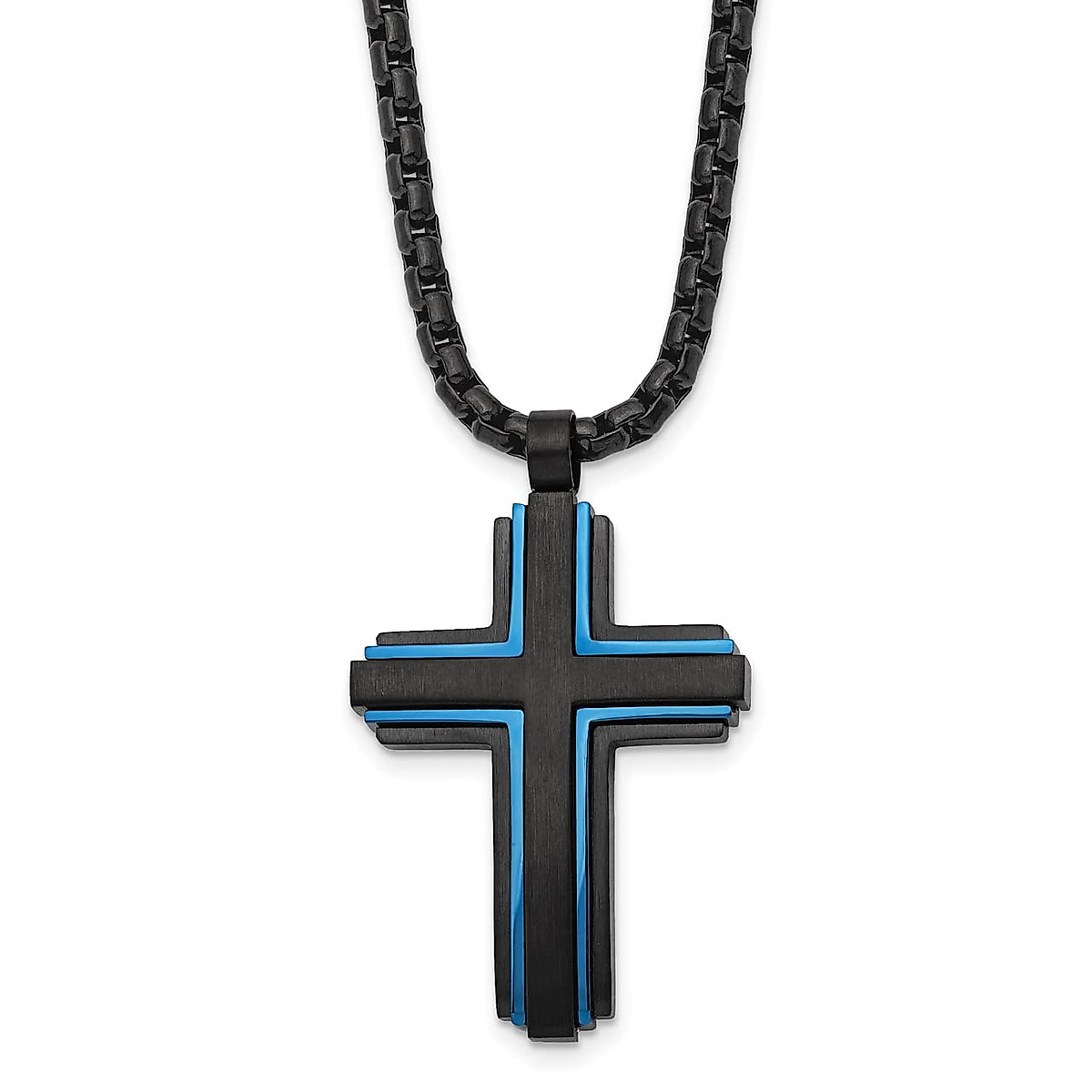 Lex & Lu Stainless Steel Brushed, Pol. Black/Blue IP-plated Cross 24'' Necklace