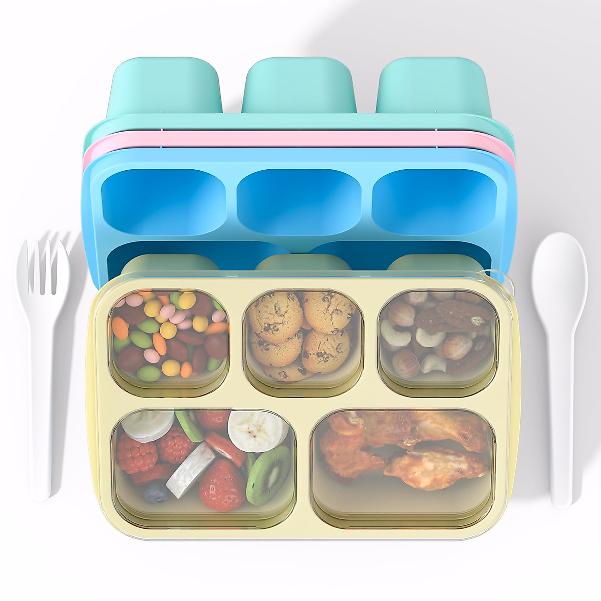 Bento Box Adult Lunch Box - 4 Pack, 5 - Compartment Meal Prep Container for Kids, Reusable Food Storage Snack Containers - Stackable for School, Work, and Travel (PP(Blue/Pink/Green/Yellow))