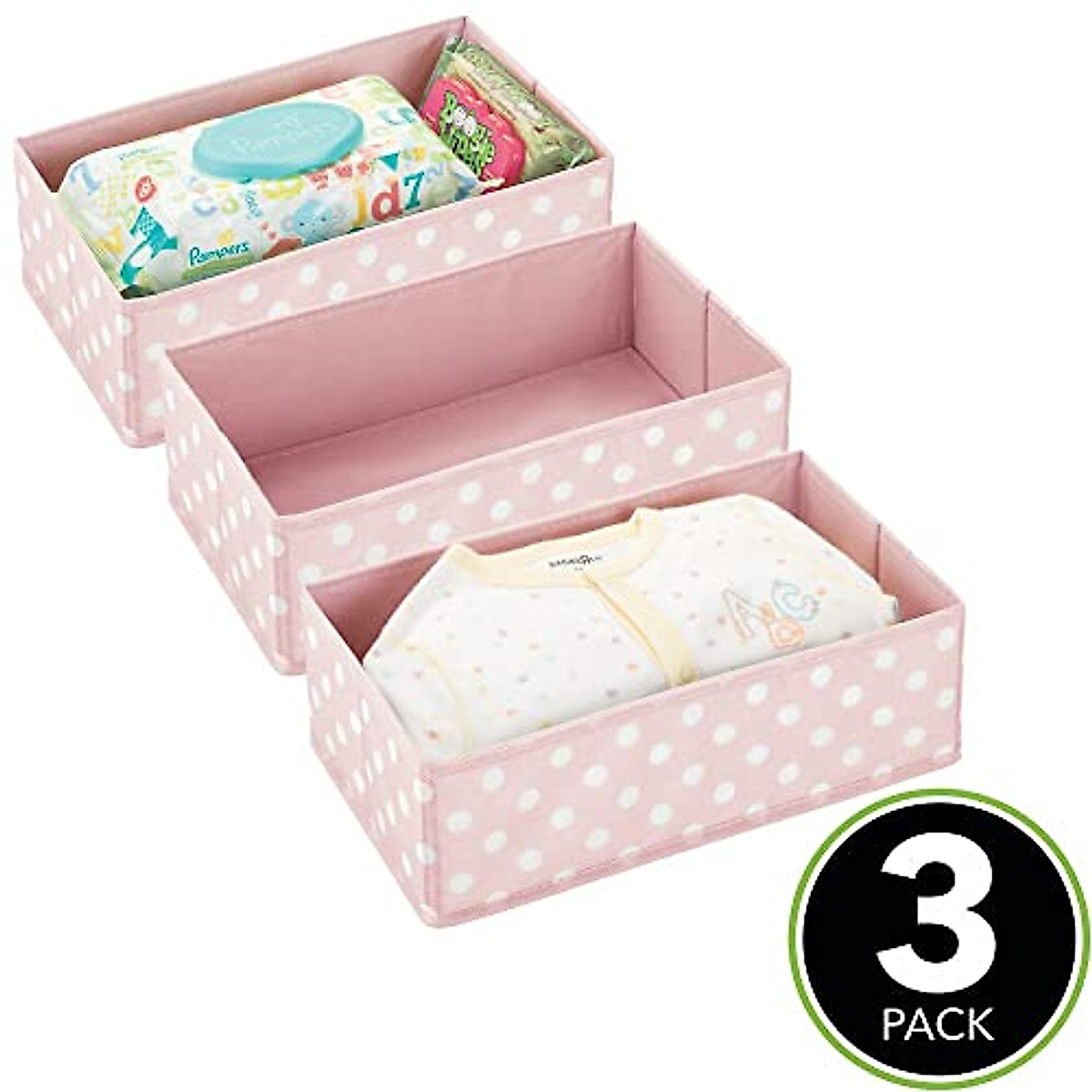 mDesign Fabric Drawer Organizer Bins, Kids/Baby Nursery Dresser, Closet, Shelf, Playroom Organization, Hold Clothes, Toys, Diapers, Bibs, Blankets, 3 Pack - Pink/White Polka Dot