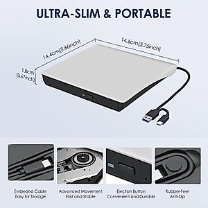 Hcsunfly External CD/DVD Drive for Laptop, Type-C CD/DVD Player USB 3.0 Portable Burner Writer Reader Compatible with Mac MacBook Pro/Air iMac Desktop Windows 7/8/10/XP/Vista(White)