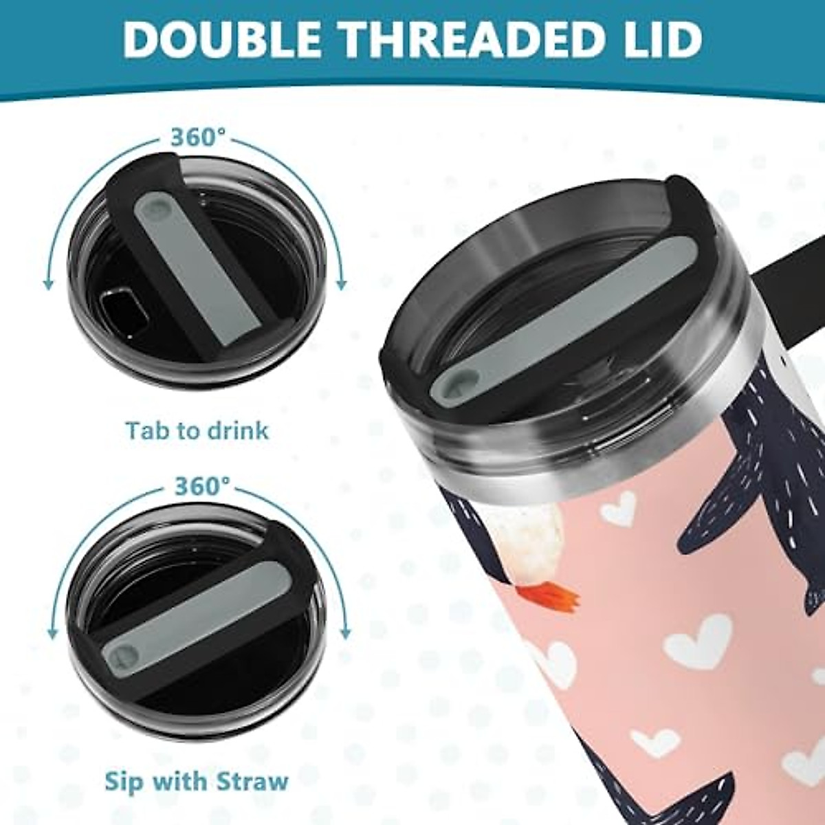 FRCSDIY Cartoon Penguin Insulated Tumbler with Handle and Straw Lid,40oz Leakproof Stainless Steel Cup BPA-Free Water Bottle