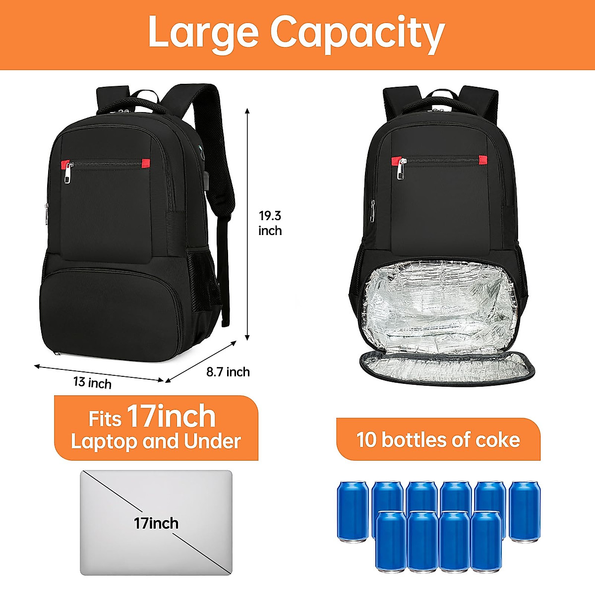 DAILY&DIARY Lunch Backpack, Insulated Cooler Backpack with Lunch Compartment for Men Women Water Resistant Lunch Bag 15.6 Inch Laptop Backpack Durable for Work, School, Camping, Picnics, Black