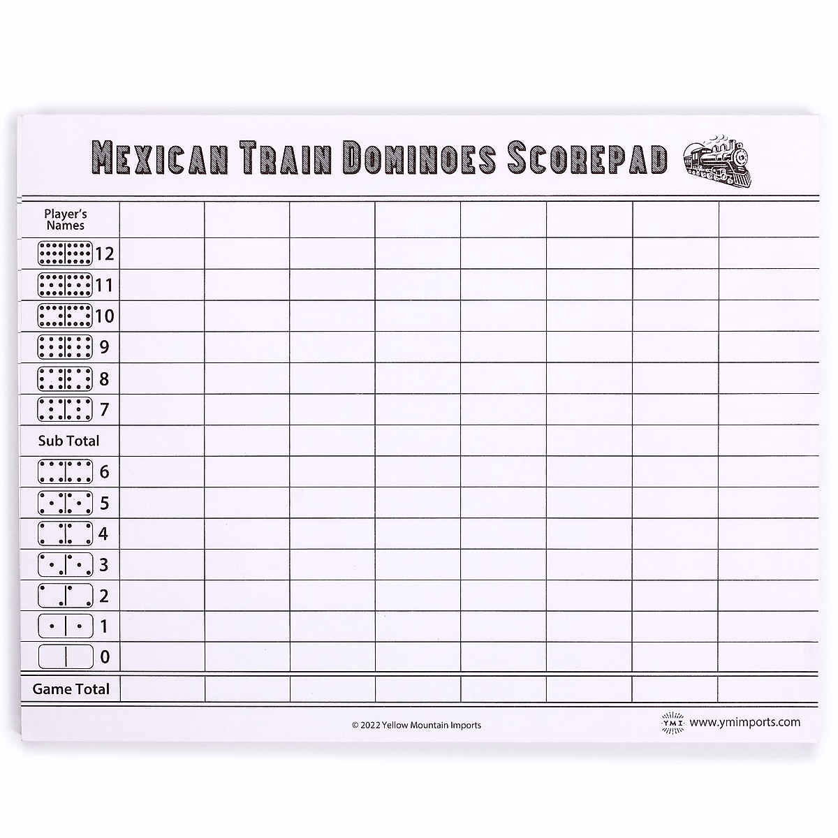 Yellow Mountain Imports Mexican Train Complete Set with Double 12 Dominoes (Pips/Dots), Wooden Hub, Die Cast Train Markers, and Scorepad
