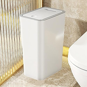 ABWOO Bathroom Trash Can with Press Lid, Small Garbage Can for Bedroom, Covered Slender Plastic Garbage Bin, Push Top Lid White Small Waste Bin for Restroom 2.8 Gallon