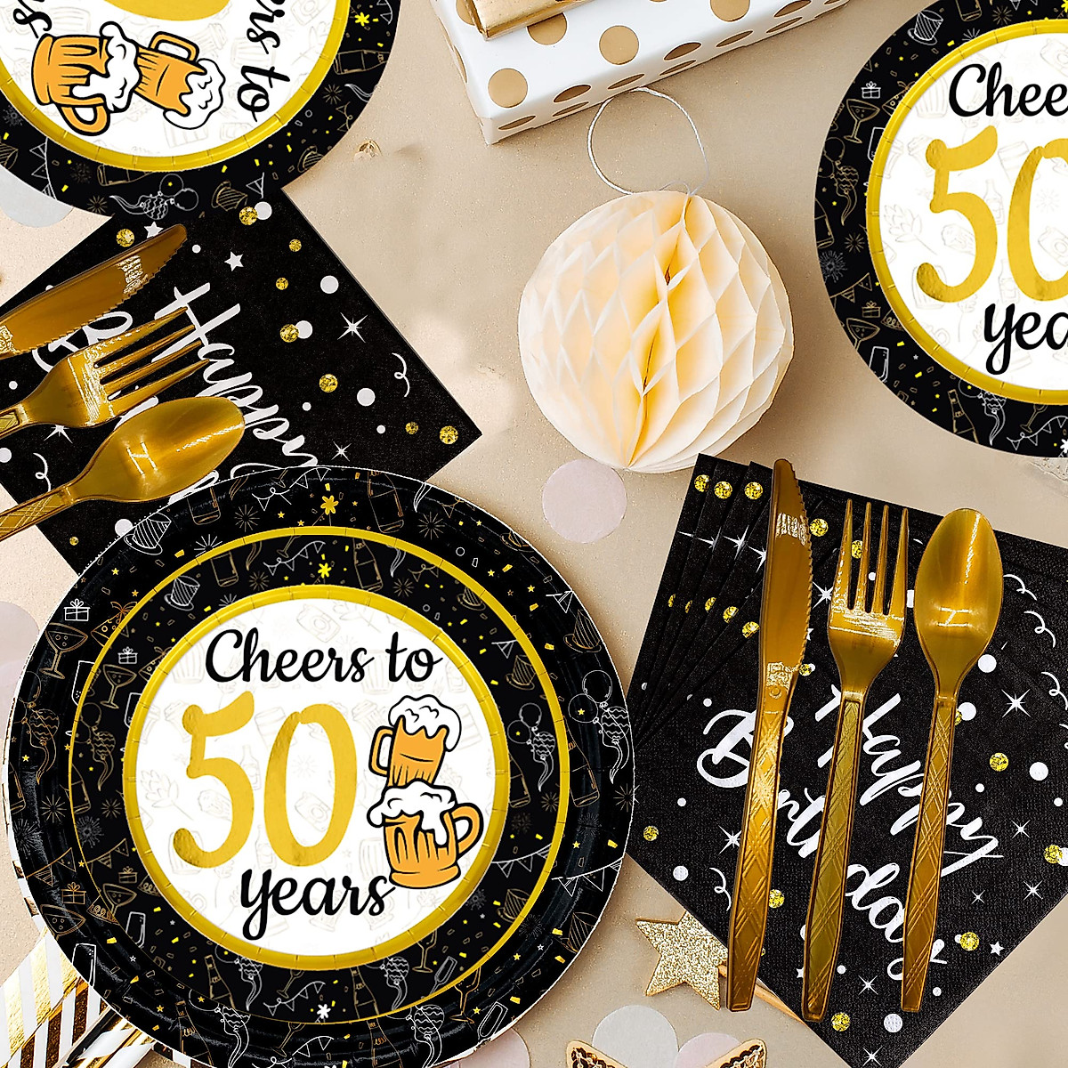 50th birthday decorations for men women - cheers to 50 years black gold Birthday supplies, Plates and Napkins, Cups, Knives, Forks, Spoons Included, tablecloth, Tableware for 24 Guests,Total 169pcs