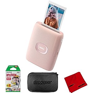Fujifilm 16767208 Instax Mini Link 2 Smartphone Printer Soft Pink Bundle Instax Mini Twin Pack Picture Format Instant Film (20 Shots), Deco Gear Hard EVA Case and Microfiber Cloth