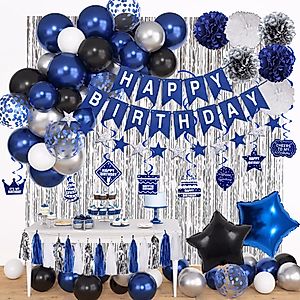 Blue Birthday Decorations for Men Boys, Blue Silver Party Decorations Fringe Curtains Happy Birthday Banner Hanging Cutouts Tassels Graduation Party Decors 13th 16th 18th 21st 30th 40th 50th 60th Him