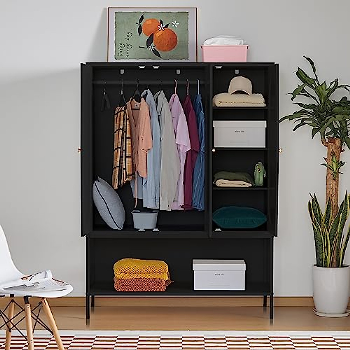 Large Armoire Wardrobe Closet with 3 Doors, Rattan Wardrobe Cabinet with Shelves and Hanging Rail for Clothes, Freestanding Wooden Black Closet for Bedroom, Black (47.24" W x 18.89" D x 62.99" H)